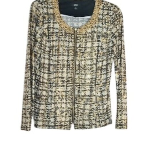 MSK | Tops | Msk Womens Zip Front Blouse Cream Gold Simmer Chain Neck ...